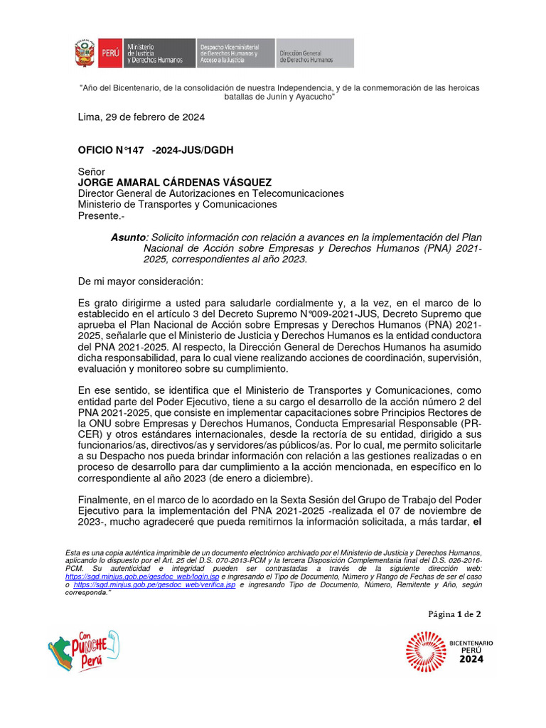 Oficio N°147-2024-Jus-Dgsh | PDF