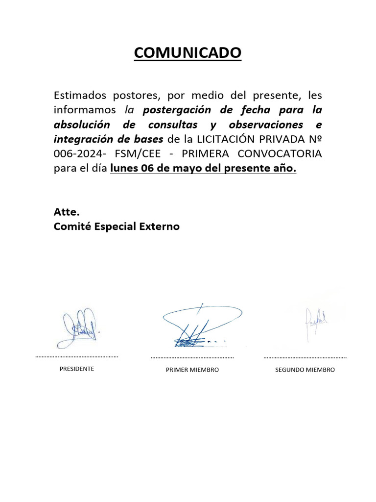 Comunicado N°001-2024 | PDF