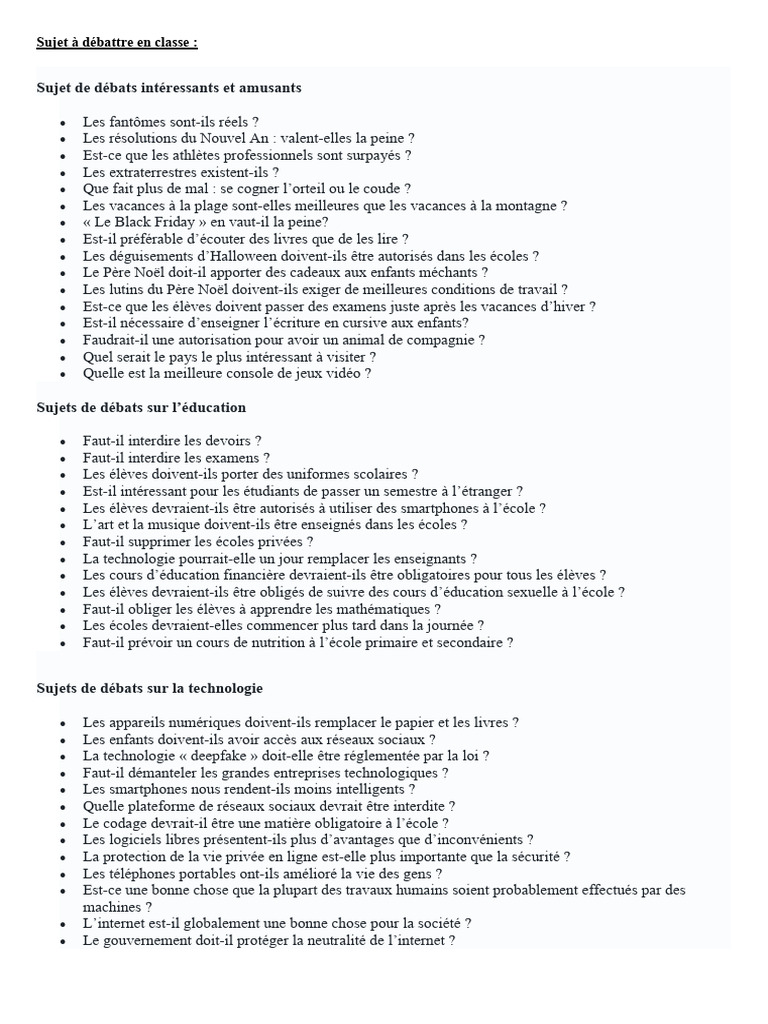 Sujets de débats pour jeunes en classe | PDF | Démocratie | Idéologies ...