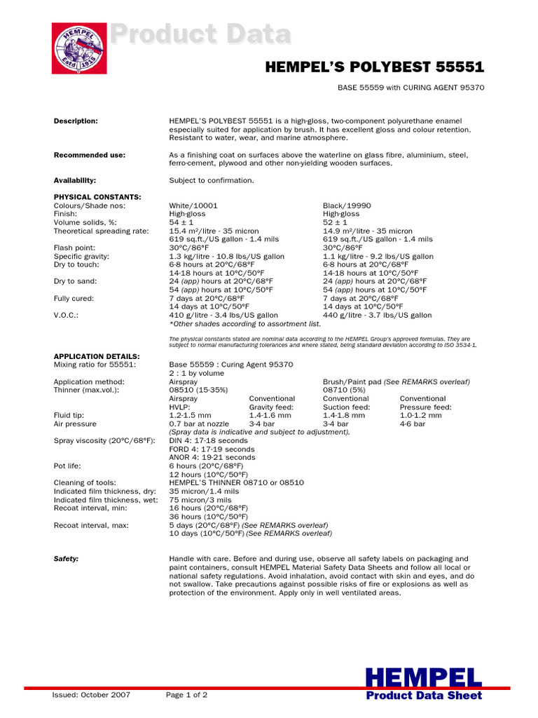 Hempel Polybest 55551 Product Data Sheet | PDF | Paint | Legal Liability
