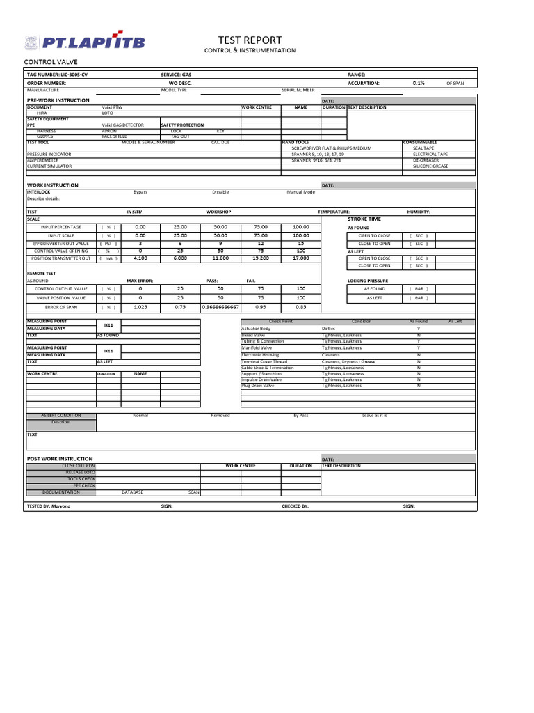 Control Valve Test Report | Download Free PDF | Valve | Personal ...