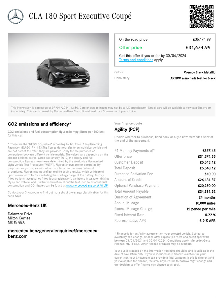 CLA 180 Sport Executive Coupé Specification Sheet | PDF | Fuel Economy ...