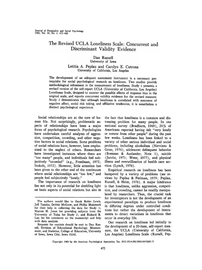 The Revised UCLA Loneliness Scale JPSP | Download Free PDF | Loneliness ...