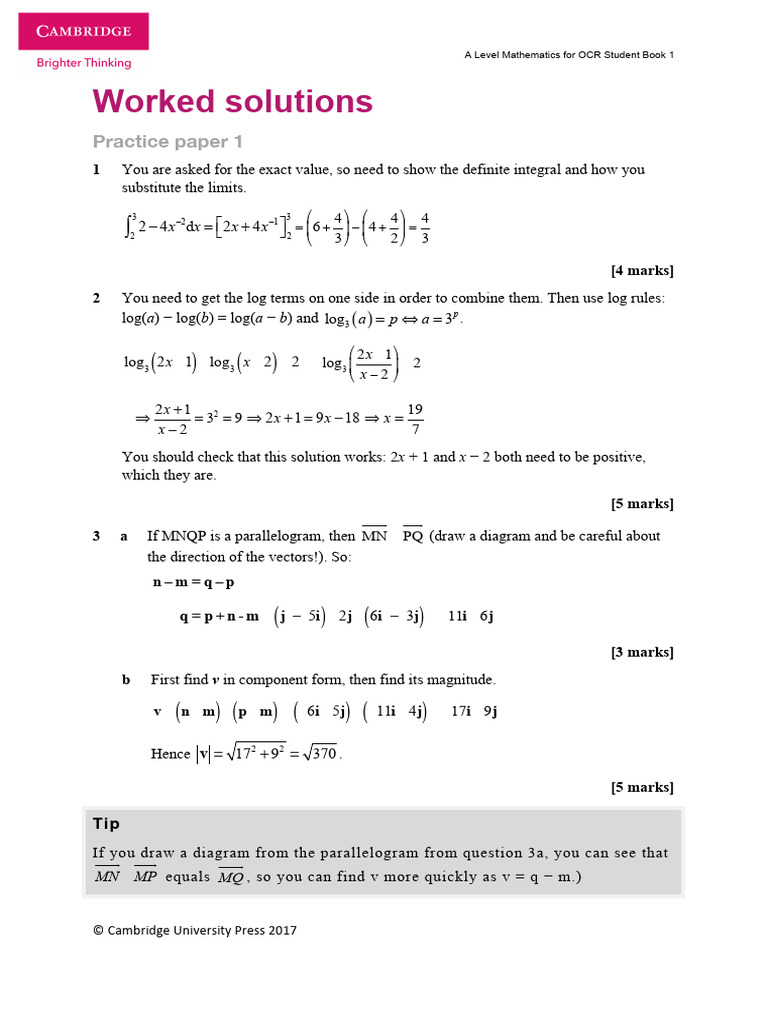 OCR A Level Maths Book 1 Solutions | PDF | Force | Quadratic Equation