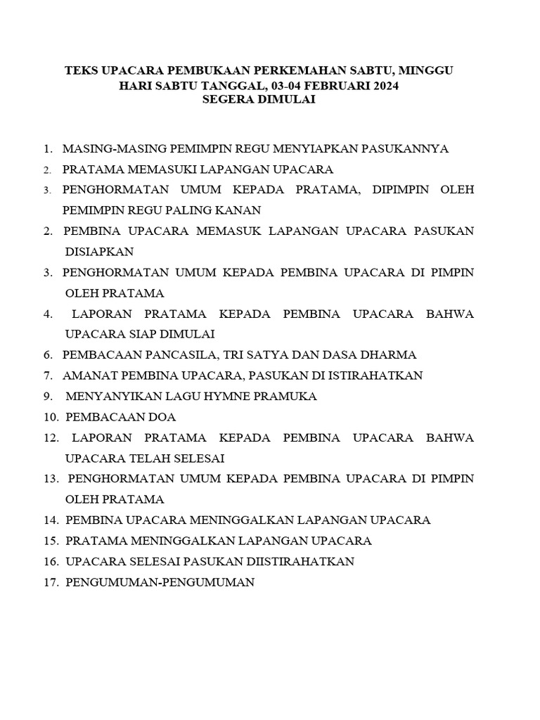 Teks Upacara Pembukaan Perkemahan | PDF | Kajian Bahasa Asing | Seni