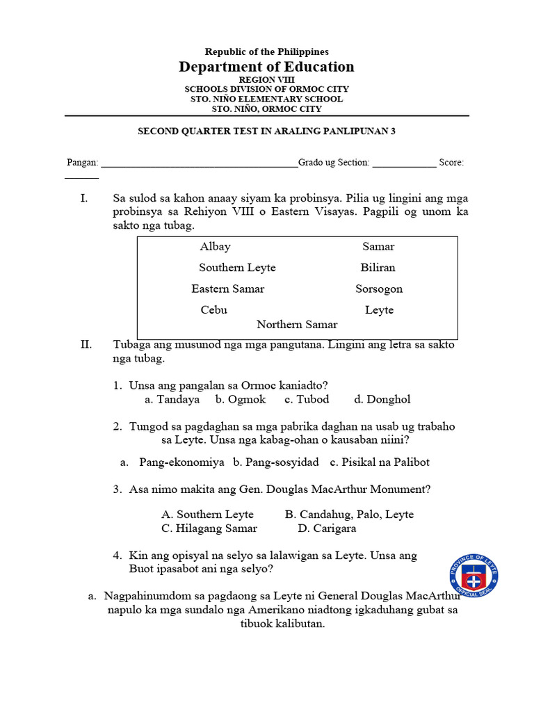 Araling Panlipunan 3 Q2 Testpaper | PDF