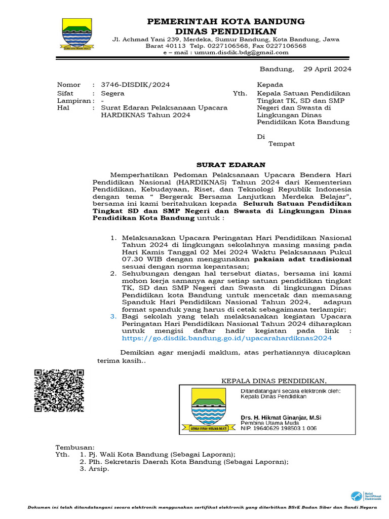 Surat Edaran Pelaksanaan Upacara HARDIKNAS Tahun 2024 - TTE | PDF Surat Edaran Pelaksanaan Upacara HARDIKNAS Tahun 2024 - TTE | PDF