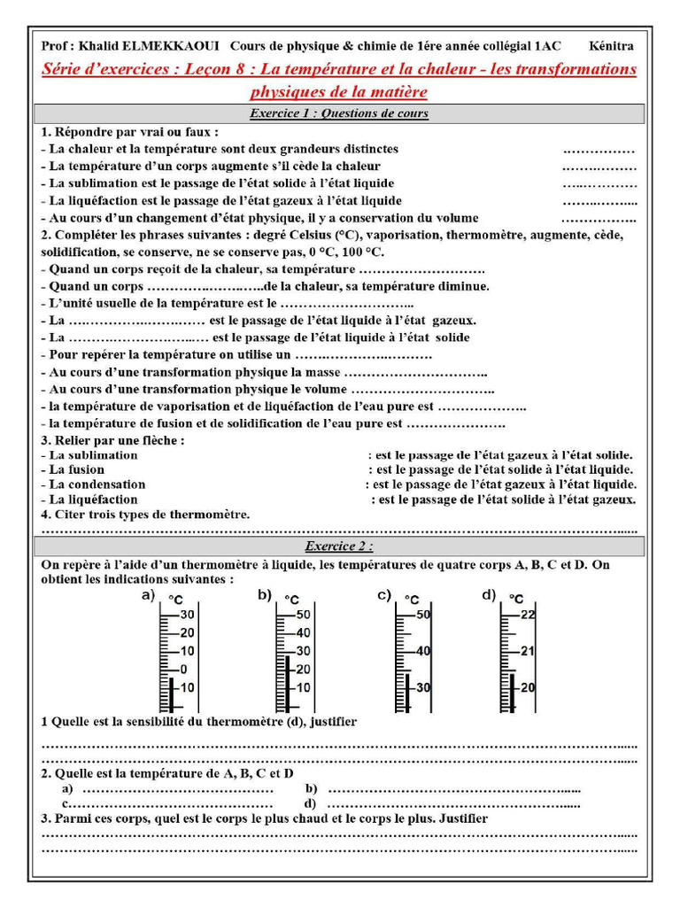 Série D'exercices Leçon 8 La Température Et La Chaleur - Les ...
