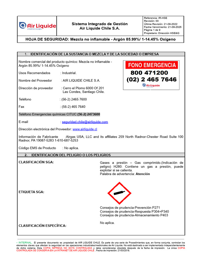 B Mezcla No Inflamable Argon 85.99 - 1 14.45 - Oxigeno 00 nch2245 - 21 ...