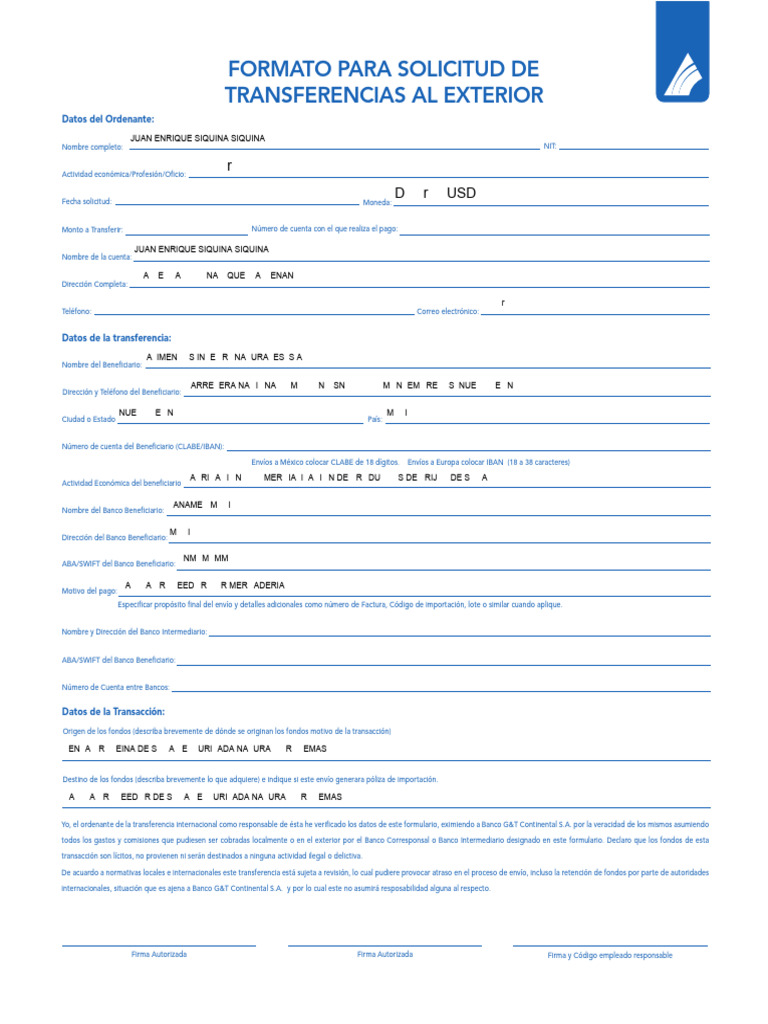 Formulario Solicitud de Transferencias G&TC | Descargar gratis PDF ...
