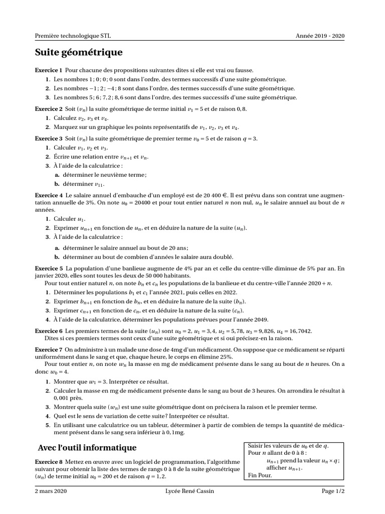 Exercices sur les suites géométriques | PDF