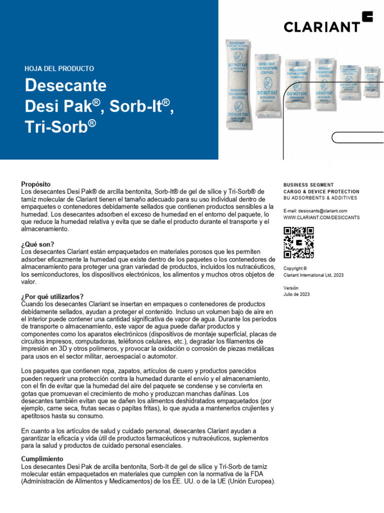 CLARIANT HOJA DE PRODUCTO Paquetes Desecante | PDF | Adsorción