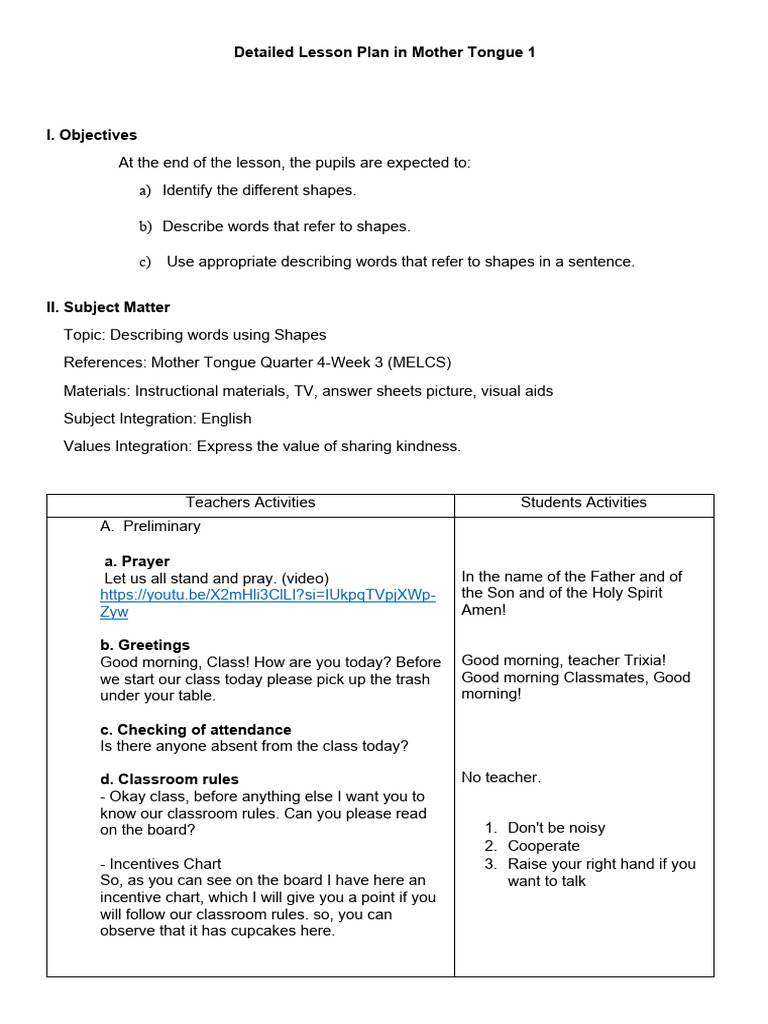 Lesson Plan: Describing Shapes in Mother Tongue | PDF | Human ...