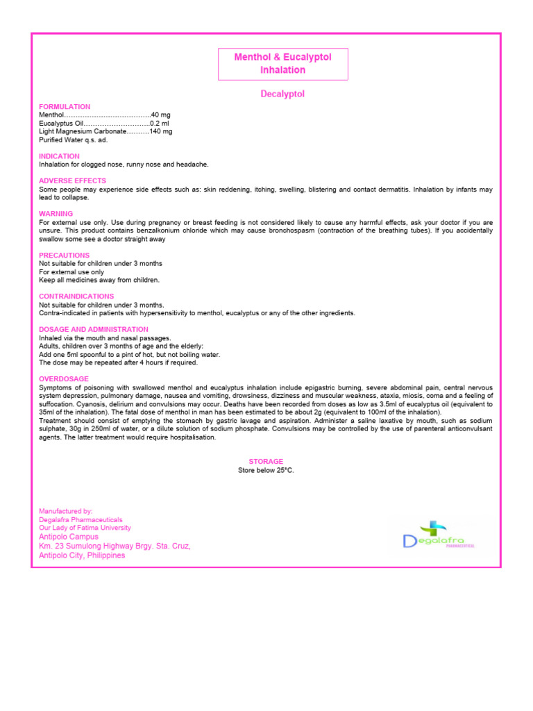 Menthol & Eucalyptol Inhalation - INSERTS | PDF | Dose (Biochemistry ...