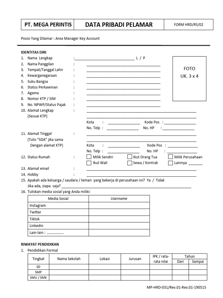 Formulir Data Diri Pelamar Kerja | PDF