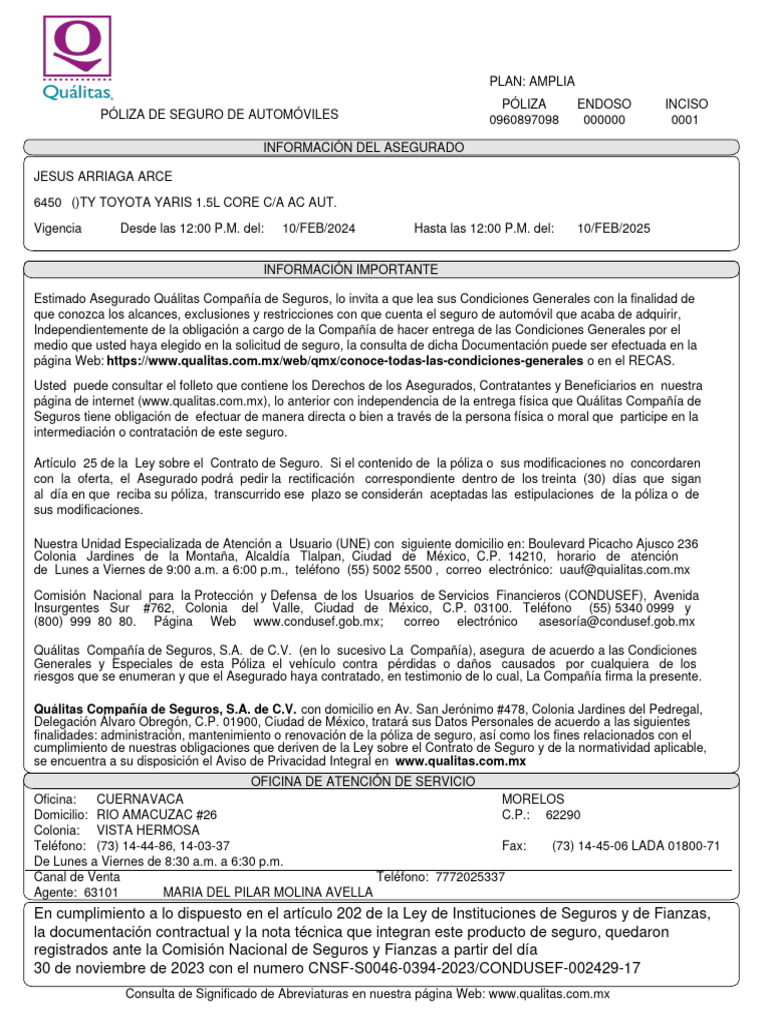 Póliza de Seguro Auto Quálitas 2024 | PDF | Póliza de seguros | Seguro