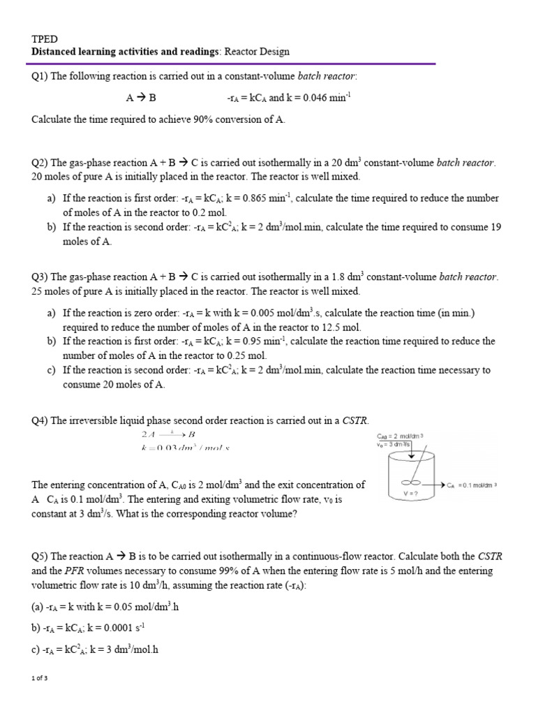 Work Sheet - Reactor Design | PDF | Chemical Reactor | Applied And ...