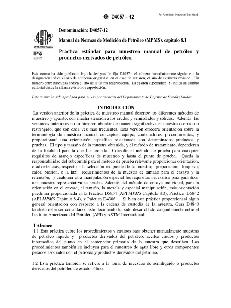 ASTM D 4057-12 Traducción | PDF | Petróleo | Agua