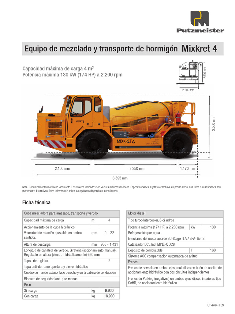 Ficha Tecnica PUTZMEISTER MIXKRET 4 Camion Mixer Bajo Perfil | PDF ...