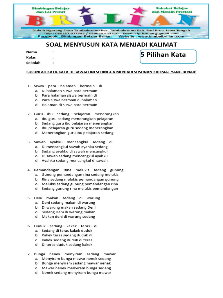 Soal Menyusun Kalimat Dengan 5 Pilihan Kata | PDF
