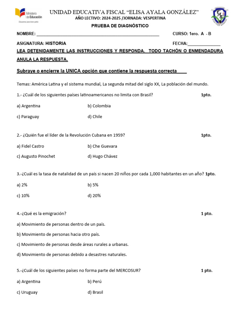 Prueba Diagnóstica de Historia | PDF | America latina