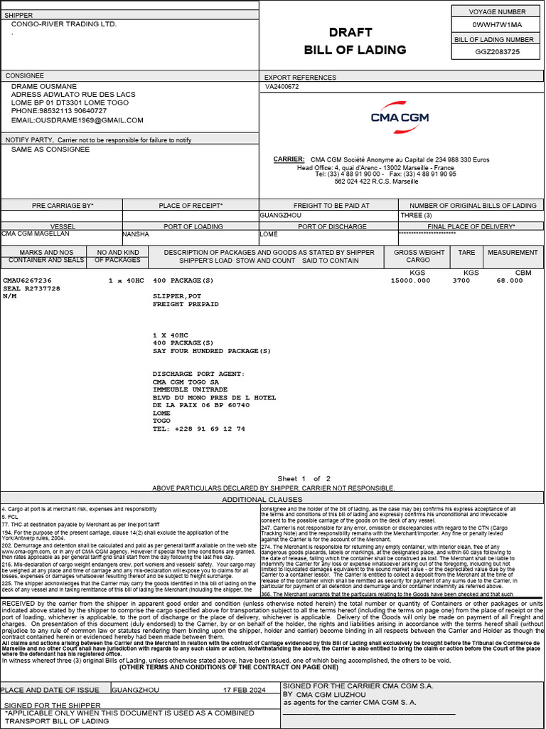 Va2400672 GGZ2083725 MBL | PDF | Bill Of Lading | Cargo