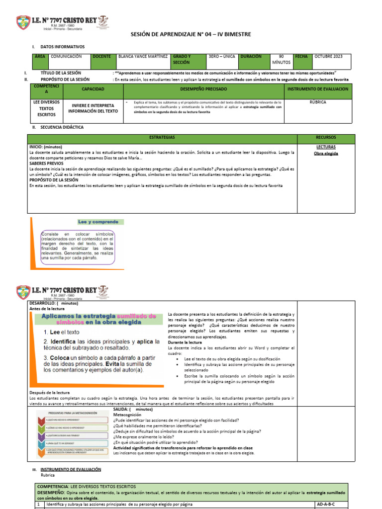 3ero Sesion Sumillado Con Simbolos | PDF | Evaluación