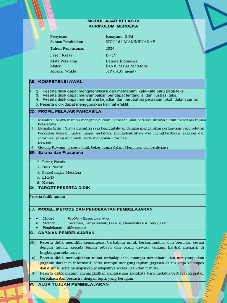 Modul Ajar Kelas Iv Kurikulum Merdeka Bahasa Indonesia | PDF