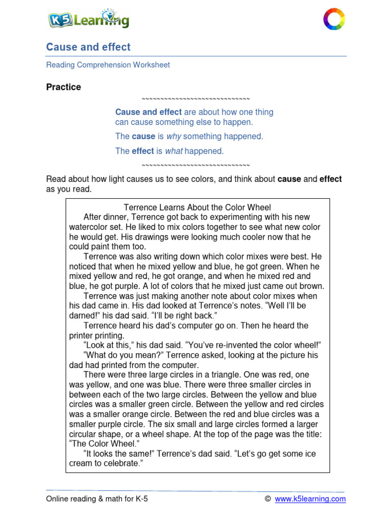 Understanding Cause and Effect - Reading Comprehension Worksheets For ...