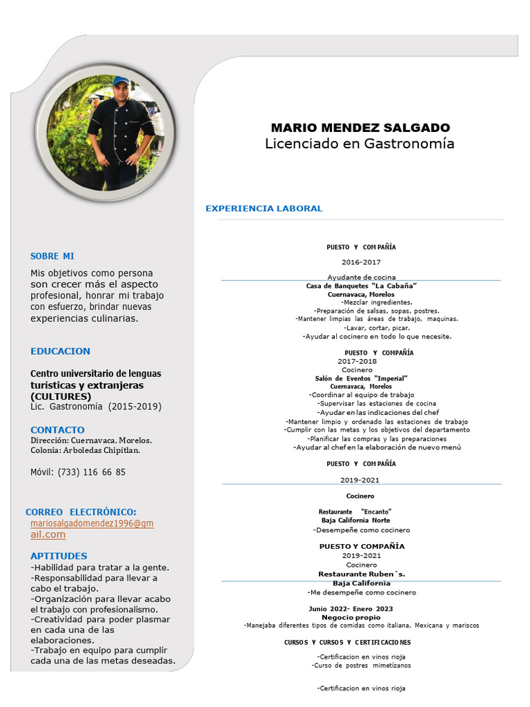 Curriculum Mario | PDF | Gastronomía | Comida y bebida