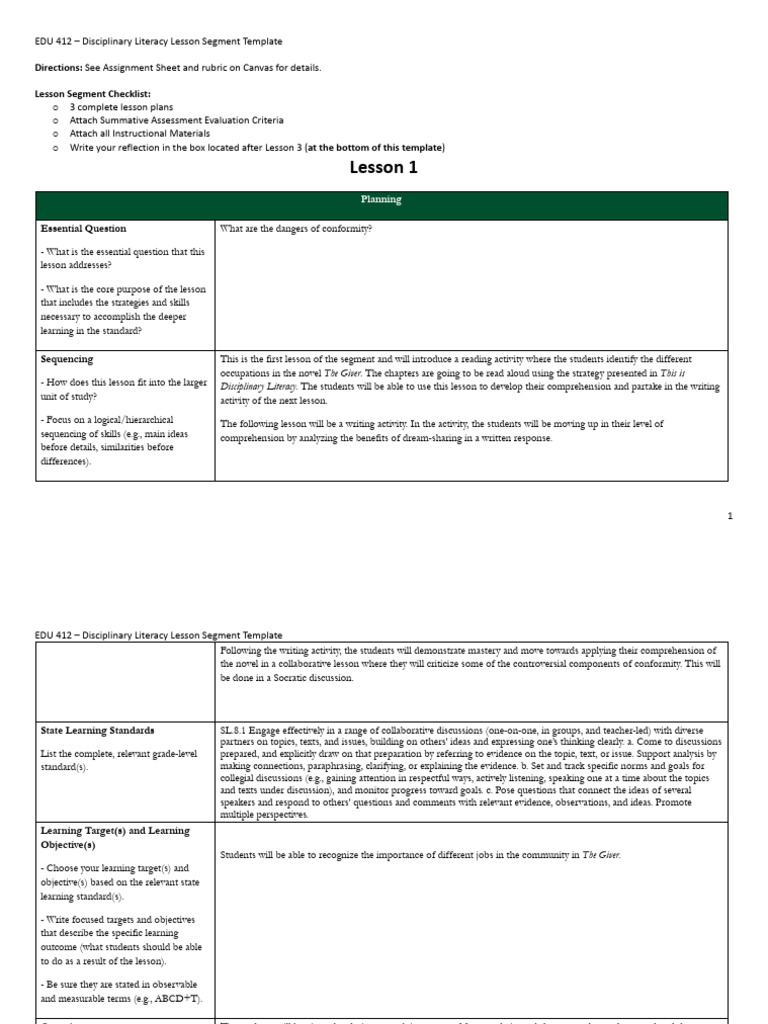 Edu 412 Disciplinary Literacy Lesson Segment Template 2 | PDF ...