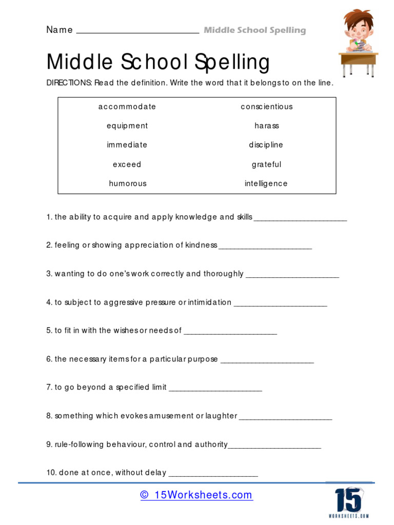 Middle School Spelling: DIRECTIONS: Read The Definition. Write The Word ...
