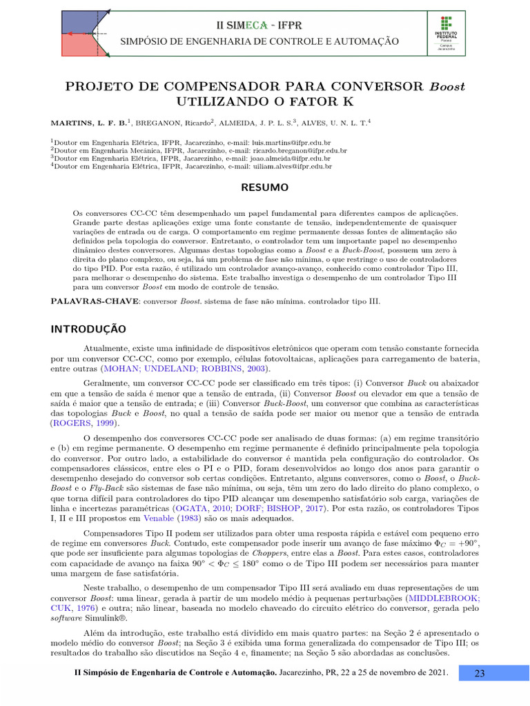 PROJETO DE COMPENSADOR PARA CONVERSOR Boost Utlizando Fator K | PDF | Engenharia Elétrica ...