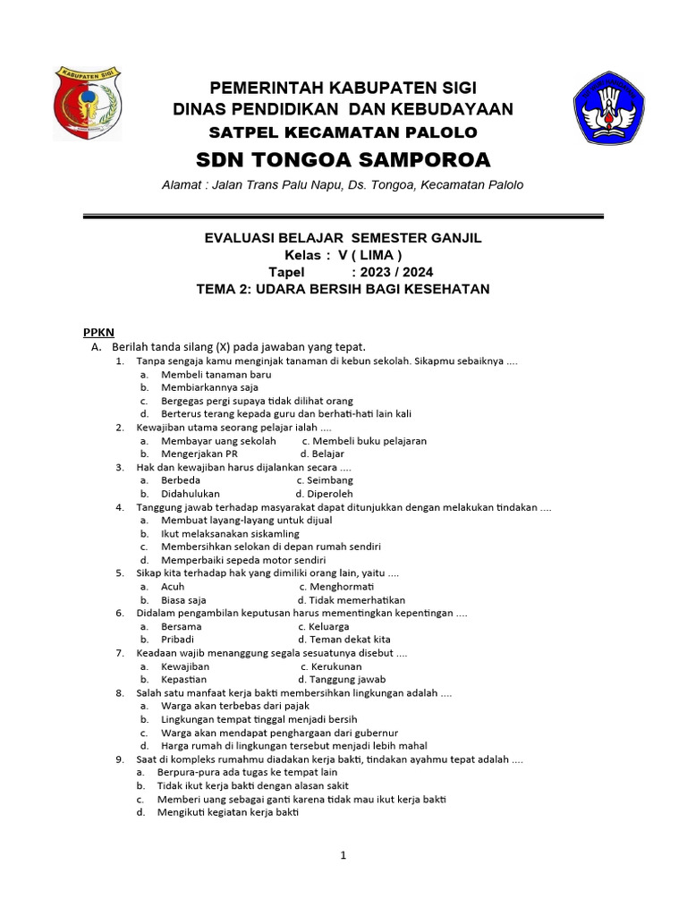 Soal Ujian Kelas 5A Tema 2 Udara Bersih Bagi Kesehatan Tahun 2023 | PDF