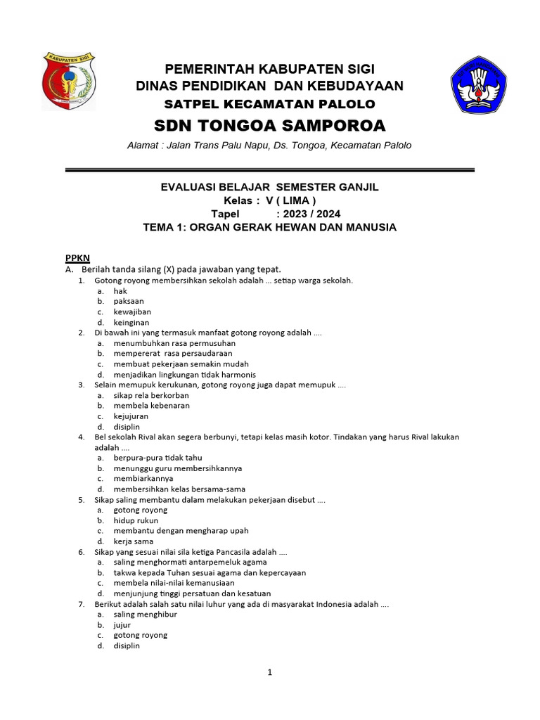 Soal Ujian Kelas 5A Tema 1 Organ Gerak Hewan Dan Manusia Tahun 2023 (AutoRecovered) | PDF ...