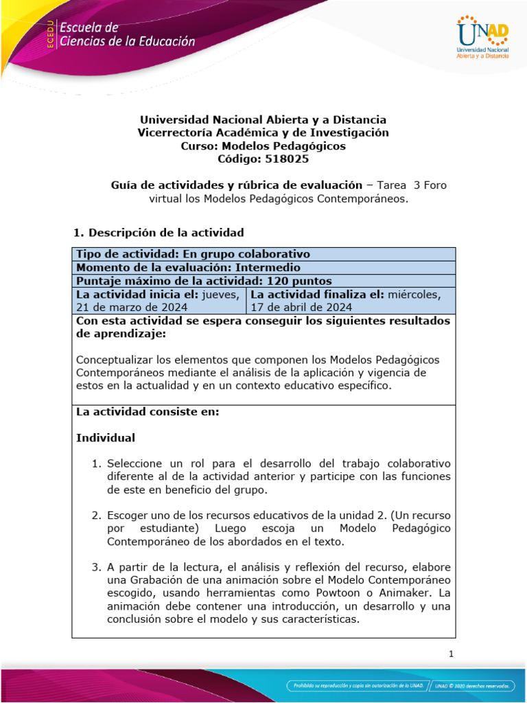 Guia de Actividades y Rúbrica de Evaluación - Unidad 2 - Tarea 3. Foro Virtual Los Modelos Ped ...