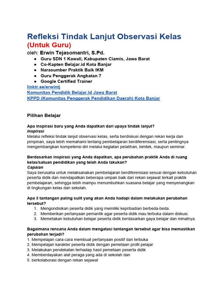 Refleksi Tindak Lanjut Observasi Kelas | PDF | Karier & Perkembangan