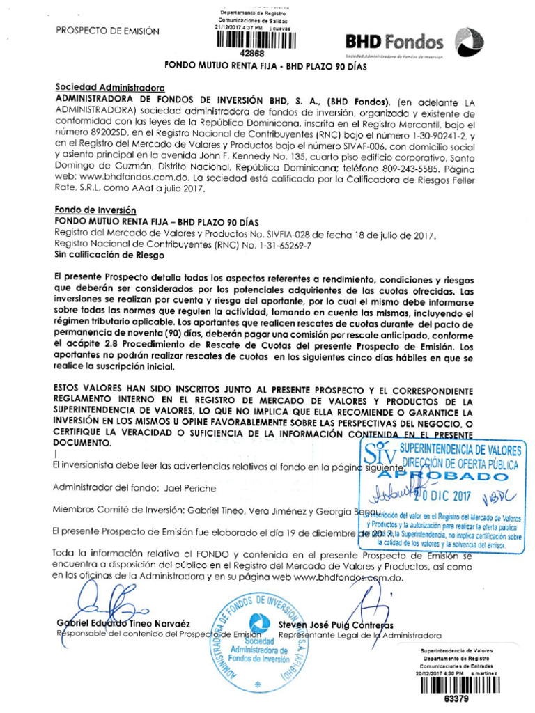 Prospecto de Emisión Fondo BHD Plazo 90 Días | PDF