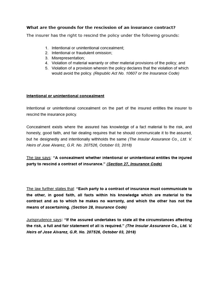 Insurance Law | PDF | Misrepresentation | Breach Of Contract