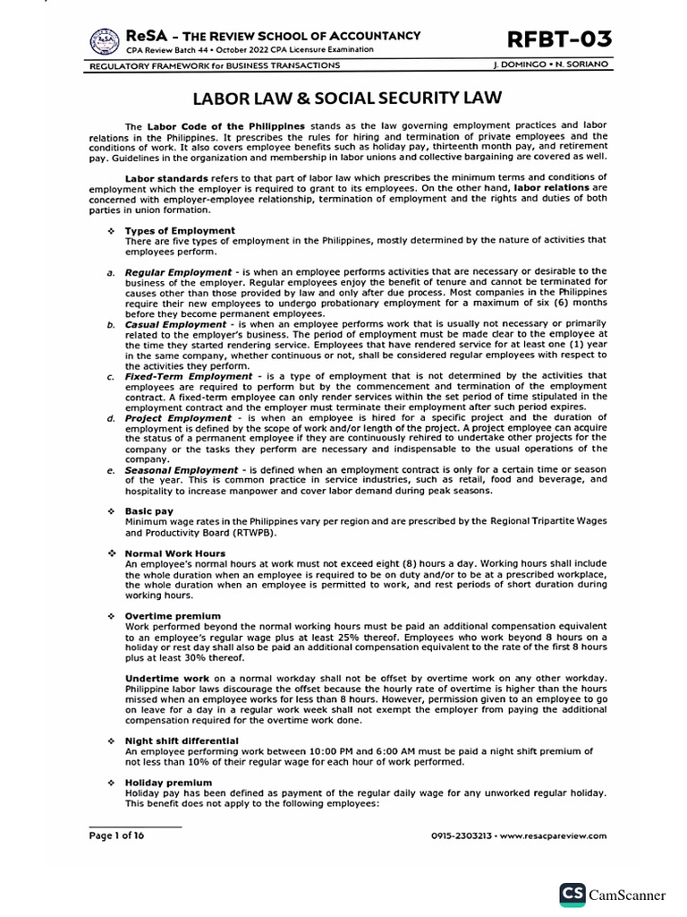 RFBT Labor Code SSS Law | PDF