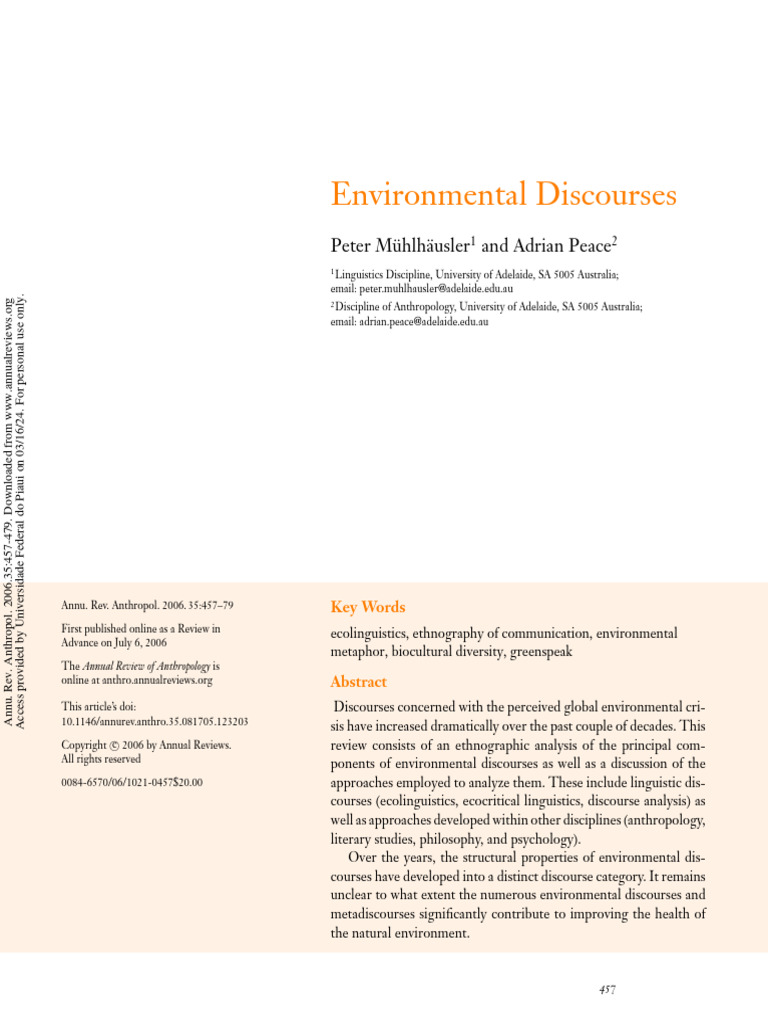 Mühlhäusler Peace 2006 Environmental Discourses | PDF | Anthropology ...