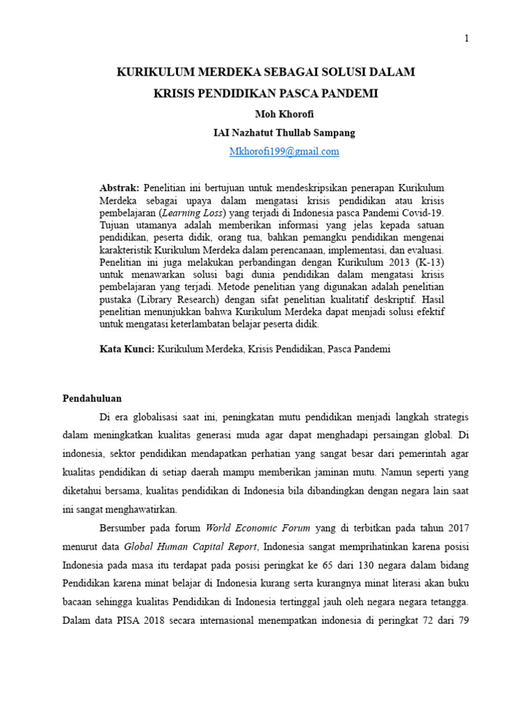 Kurikulum Merdeka Sebagai Solusi Dalam Krisis Pendidikan Pasca Pandemi | PDF