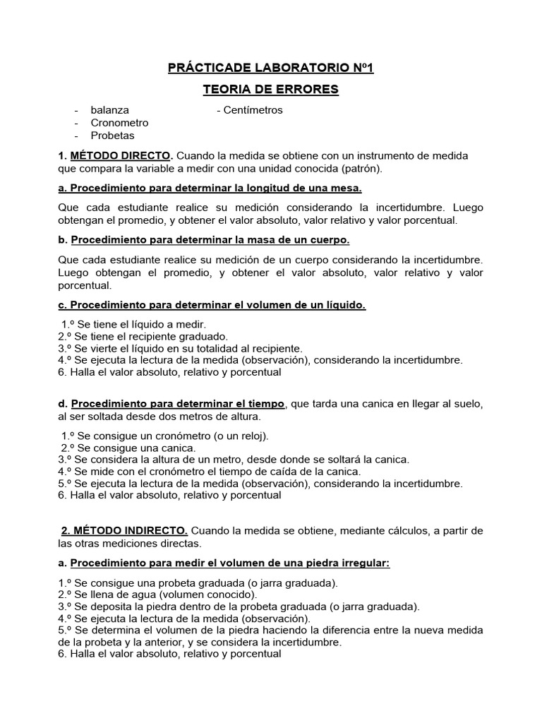 MÉTODOS DE MEDICIÓN DIRECTA E INDIRECTA Practica Laboratorio | PDF ...