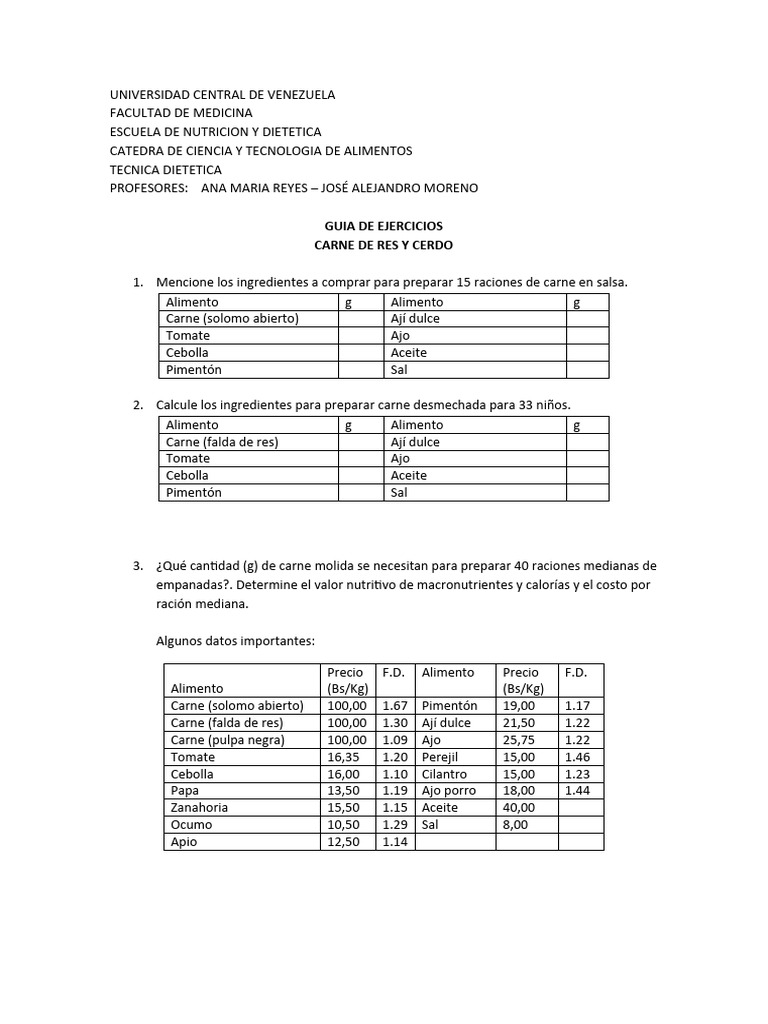 Ejercicio Carne de Res 2023 | PDF | Industria de alimentos | Cocina