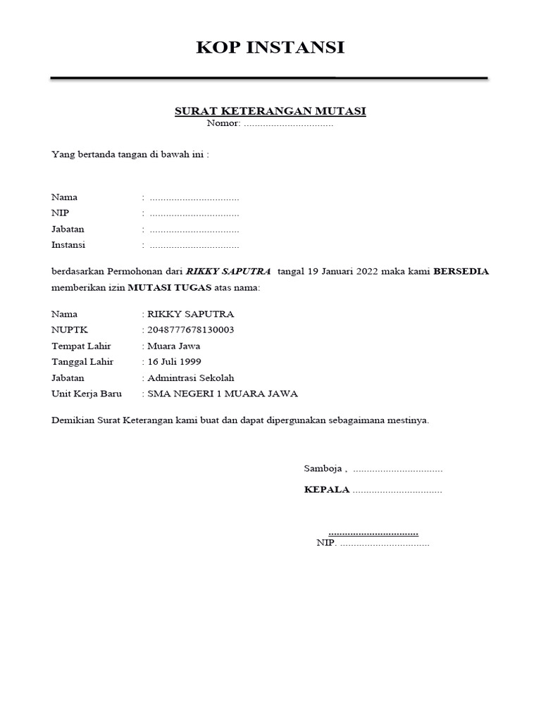 Surat Keterangan Mutasi | PDF