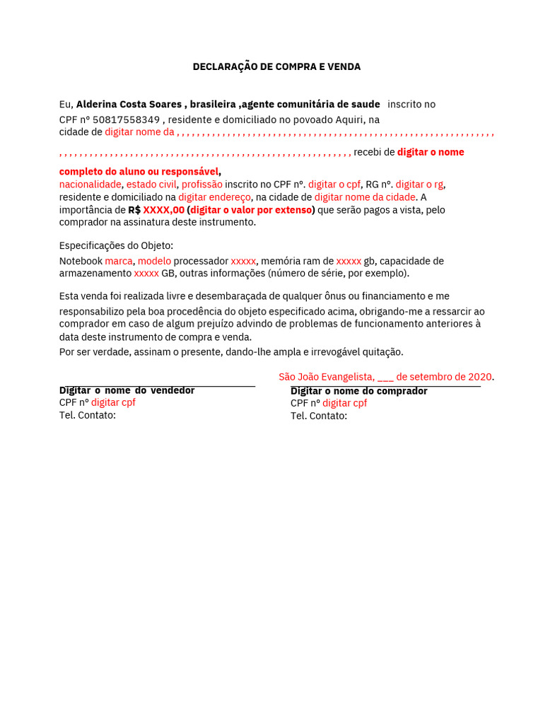 Modelo Declaracao Compra e Venda (1) .PDF 20240412 133245 0000 | PDF ...