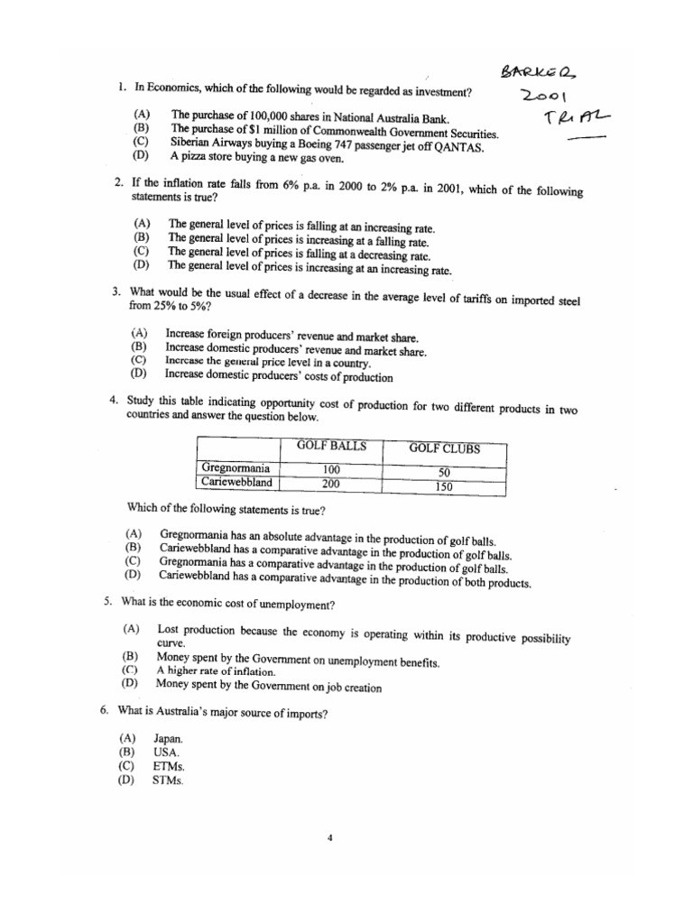 2001 Economics - Baker Trial Without Solutions | PDF