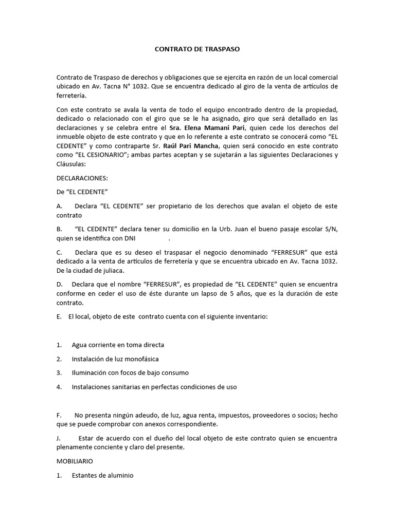 Contrato de Traspaso de Ferretería Ferresur | PDF