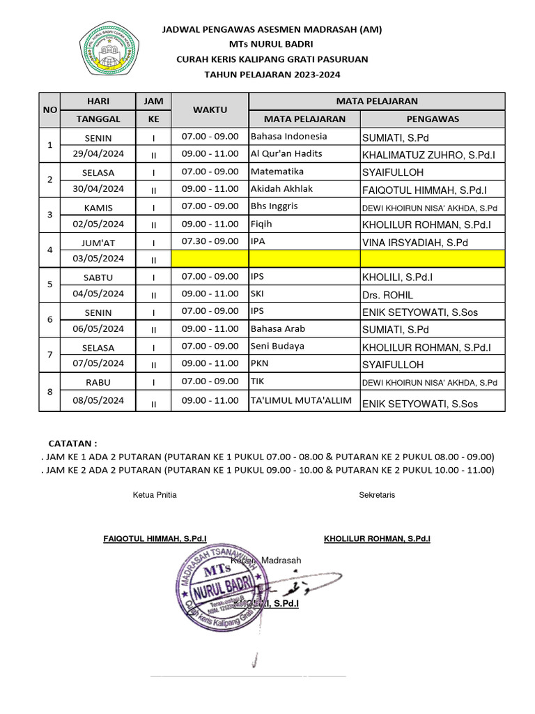 Jadwal Pengawas Am 2023-2024 | PDF