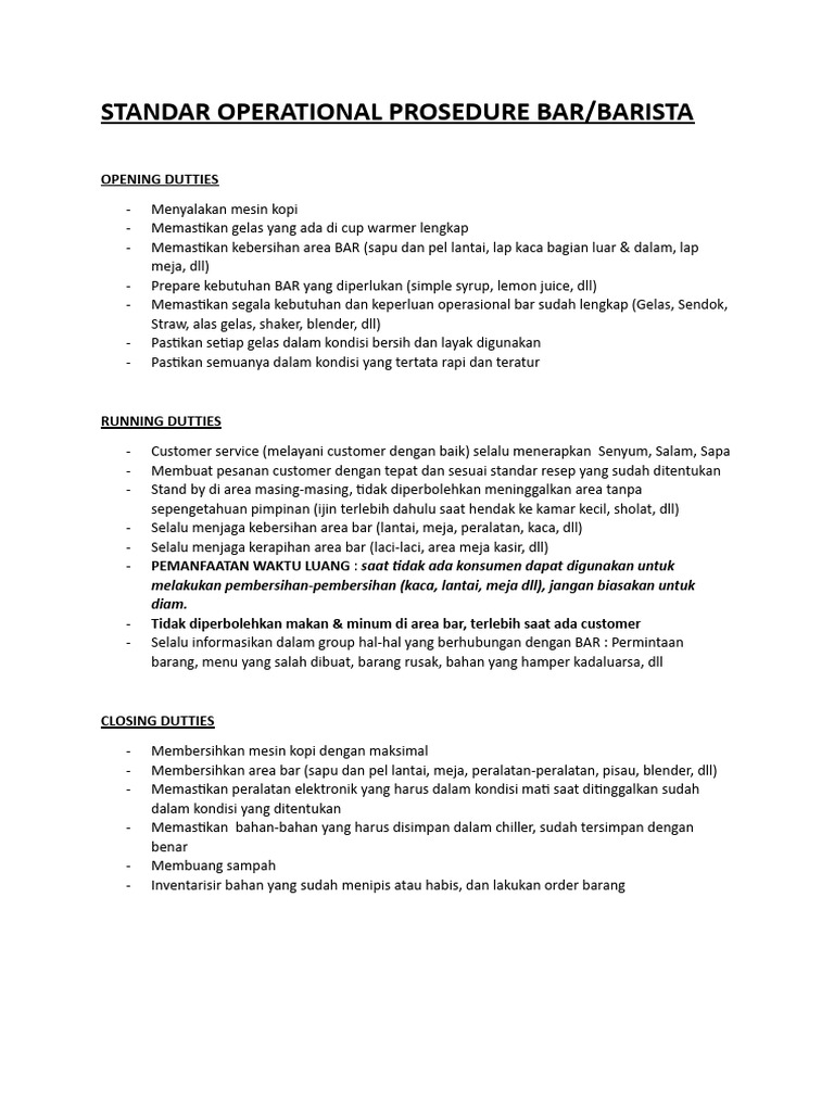 Standar Operational Prosedure Bar Onsite | PDF